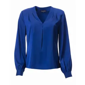CARLOSLINES V-neck Pleat Detail Balloon Long Sleeve Blouse In Cobalt Solid - Blue