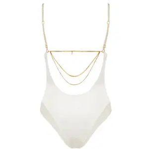 SAETA PARIS Neutrals / Gold / White Satin Silk & Jewelry Bodysuit Ivory & Gold Ayda - Gold/white