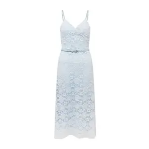 SOUR FIGS Floral Guipure Lace Belted Midi Dress In Powder - Blue