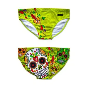 FISHIRT Swim Briefs Mexican Skull Graphic Muertos Style Yellow - Black