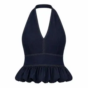 Carmen Says Denim Fawn Balloon Halter Top - Blue
