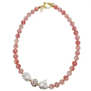 FARRA Watermelon Quartz With Baroque Pearls Statet Necklace - Pink