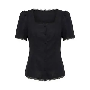 ASHITA FERNANDES Tara Top – Tailored Linen Blend With Puff Sleeves & Square Neckline - Black