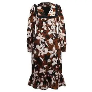 SMART AND JOY Ruffle Collar Macro Flower Print Dress Coffee