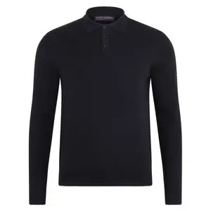 PAUL JAMES KNITWEAR Extra Fine Merino Wool Turner Long Sleeve Polo Shirt - Black