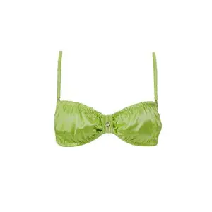 DECOLET THE LABEL Luna Ruched Satin Bikini Top In Chartreuse - Green