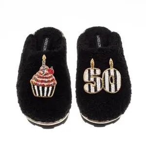 LAINES LONDON Laines London Teddy Towelling Closed Toe Slippers With Cupcake And '50' Brooch Embellishment Black