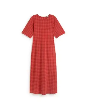THINKING MU Seersucker Long Dress With Back Opening Kina - Red