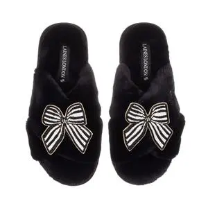 LAINES LONDON Classic Faux Fur Slippers With Stripe Bow Brooches - Black