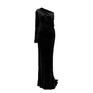 LIA ARAM Asymmetric Velvet Gown With Train - Black