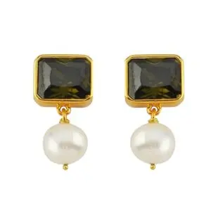 LINYA JEWELLERY Small Pearl Crystal Stone Earring - Green