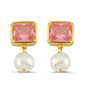 LINYA JEWELLERY Small Pearl Crystal Stone Earring - Pink