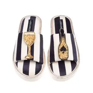 LAINES LONDON Flatform Stripe Open Toe Slippers With Champagne And Ace Of Spades Brooches - Black/white