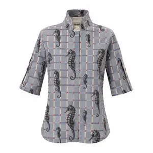 JULIA ALLERT Stand Collar Short Sleeve Seahorse Print Blouse - Blue