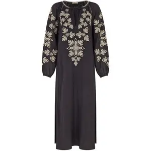 RAFFYA Aurelia Kaftan Style Embroidered Maxi Dress - Black