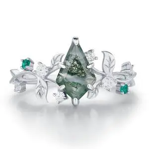 AZURA JEWELRY NEW YORK Secret Garden Moss Agate And Emerald Ring In White Gold Vermeil - Silver