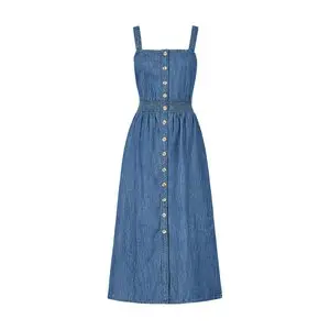 YUMI Chambray Cotton Ruched Midi Sun Dress - Blue
