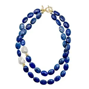 FARRA Blue Agate With Baroque Pearls Double Wrapped Necklace - Blue/white