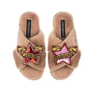 LAINES LONDON Faux Fur Cross Strap Slippers With Embellished Star Brooches - Brown