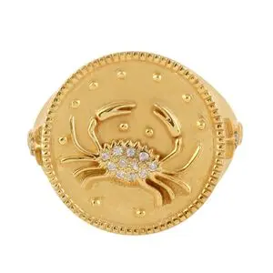 ARTISAN White / Yellow Diamond Cancer Zodiac Signet Ring In 14k Yellow Gold - White/yellow
