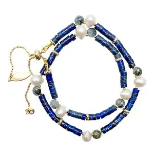 FARRA Lapis With Teardrop Freshwater Pearls Double Layers Bracelet - Blue