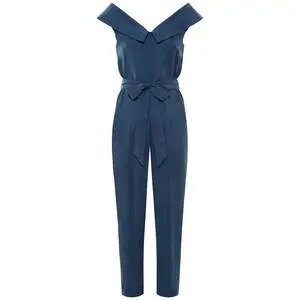 FEMPONIQ Off Shoulder Belted Vegan Jumpsuit Dark Denim - Blue