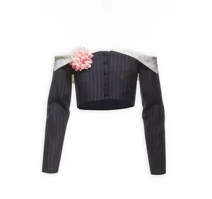 MAISON SEL Pinstriped Off Shoulder Lady Jacket - Blue