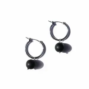 FV JEWELLERY Black / Silver Black Onyx & Silver Hoop Earrings - Black/silver