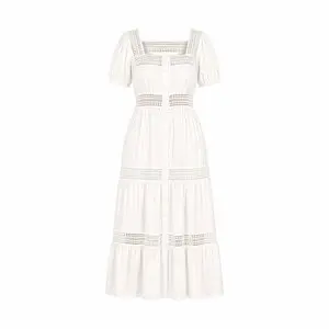 YUMI Cotton Square Neckline Lace Midi Dress - White