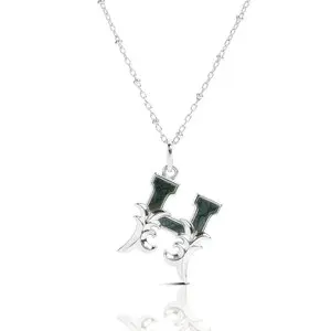 KASUN LONDON Solid H Initial Necklace With Green Marble - Silver