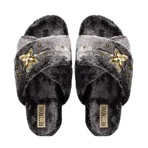 RETTROSE Sofia Charcoal Luxury Plush Diamanté Embellished Handmade Slipper