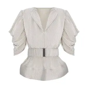 SILVIA SERBAN V-neck Pleated Ivory Satin Blouse - White