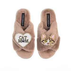 LAINES LONDON Classic Slippers With Cat Brooches - Brown
