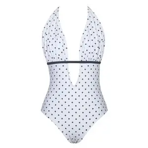 MISS CIRCLE NEW YORK Olive Base Polka Dot Ruched Breast Halter Backless Swimsuit - White