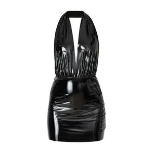 LIA ARAM Faux-leather Backless Mini Dress