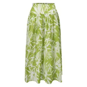 SMART AND JOY Midi Cotton Skirt With Leaf Print - Green