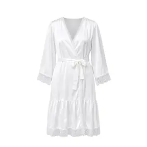 OH!ZUZA NIGHT&DAY Grace Satin Viscose Midi Robe Chiffon Lace Cream - White