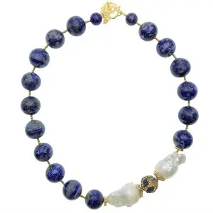 FARRA Gorgeous Natural Lapis With Baroque Pearls Necklace - White/blue