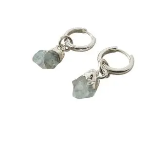 HARFI Silver / Blue Raw Aquamarine March Birthstone Sterling Silver Huggies Silver/blue