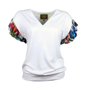 LALIPOP DESIGN V-neck Viscose Blouse With Tulle Ruffle Sleeves - White