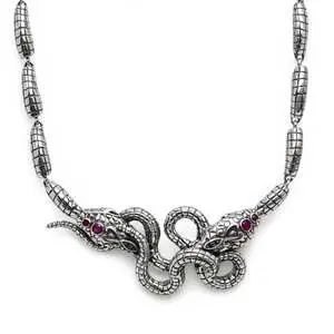 UNALOE Sterling Silver Double Snake Necklace With Natural Rubies - Silver/red