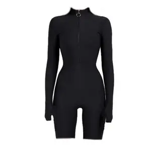 MONOSUIT Long Sleeve High Neck Zip Up Shorts Bodysuit - Black
