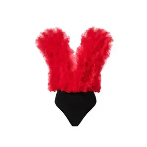 LIA ARAM Signature Ruffled Tulle Bodysuit - Red