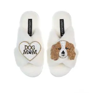 LAINES LONDON Embellished Faux Fur Slippers With Brooch Detailing - White