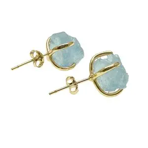 FARRA Unpolished Aquamarine Stone Stud Earrings - Blue