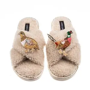 LAINES LONDON Boucle Slippers With Pheasant & Hen Brooches - Brown