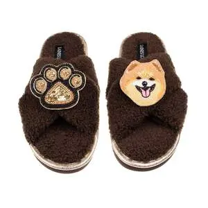 LAINES LONDON Neutrals Laines Neutral Boucle Slippers With Teddy The Pomeranian & Paw Brooches Chocolate - Brown