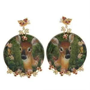 ARTISAN Bakelite Deer Earrings With Amethyst, Garnet & Diamond In 18k Yellow - Gold