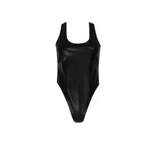 CIRCULAR PATH Scoop Neck Criss Cross Bodysuit Top-swimsuit Vegan Leather - Black