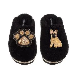 LAINES LONDON Teddy Towelling Closed Toe Slippers With French Bulldog And Paw Brooches - Black